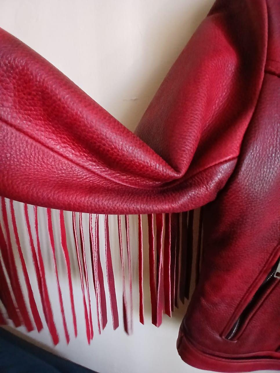 Red Biker Leather Jacket With Fringe, Special Details, Rare Edition XL ...