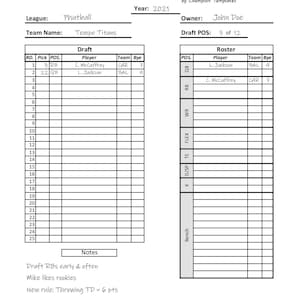 Fantasy Football Draft Day Sheet Template - Etsy