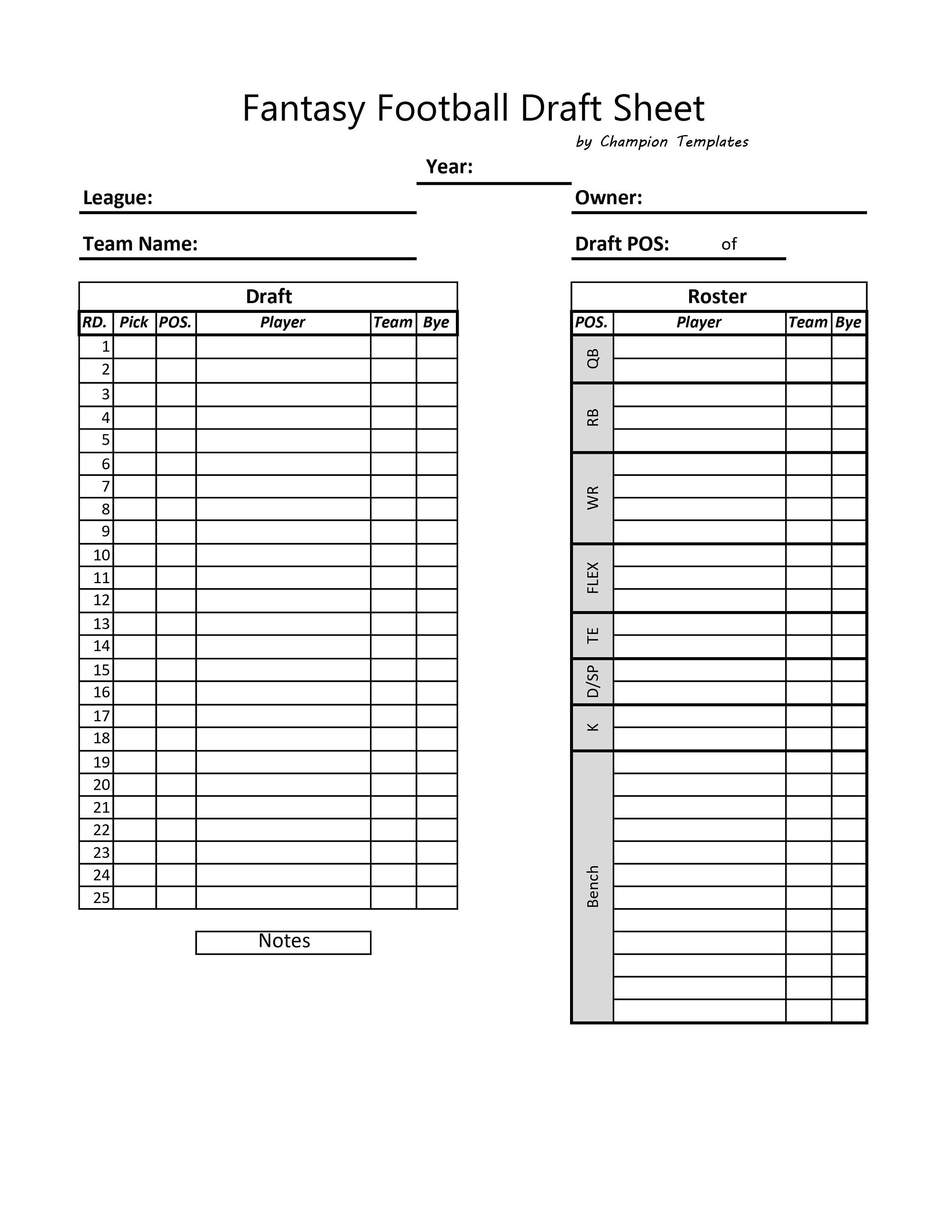 Fantasy Football Draft Day Sheet Template Etsy