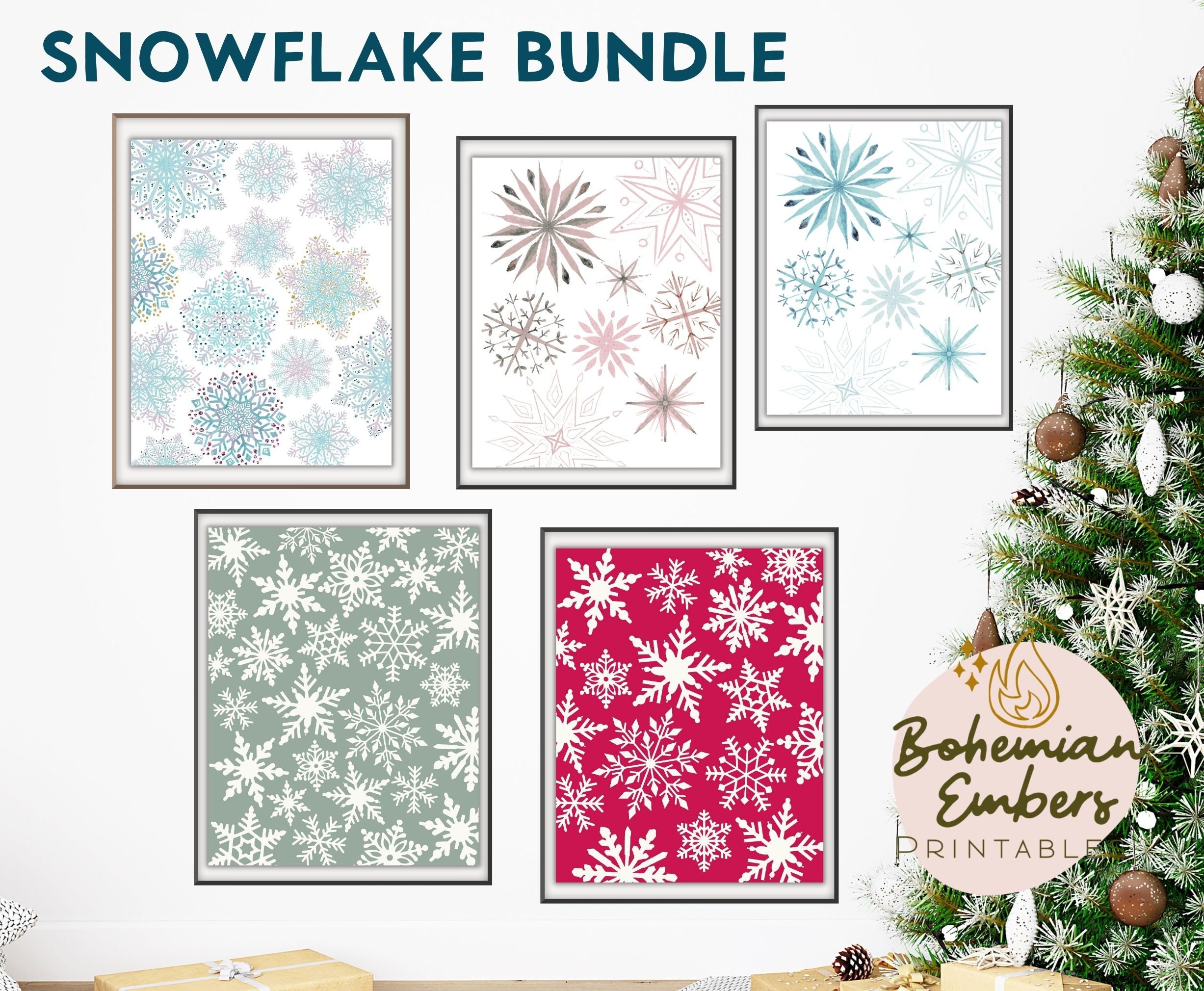 SET OF FIVE Printable Snowflake Bundle Winter Wall Decor - Etsy