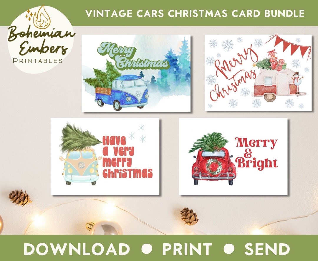SET OF FOUR Printable Christmas 5x7 Greeting Cards, Cute Vintage Cars ...