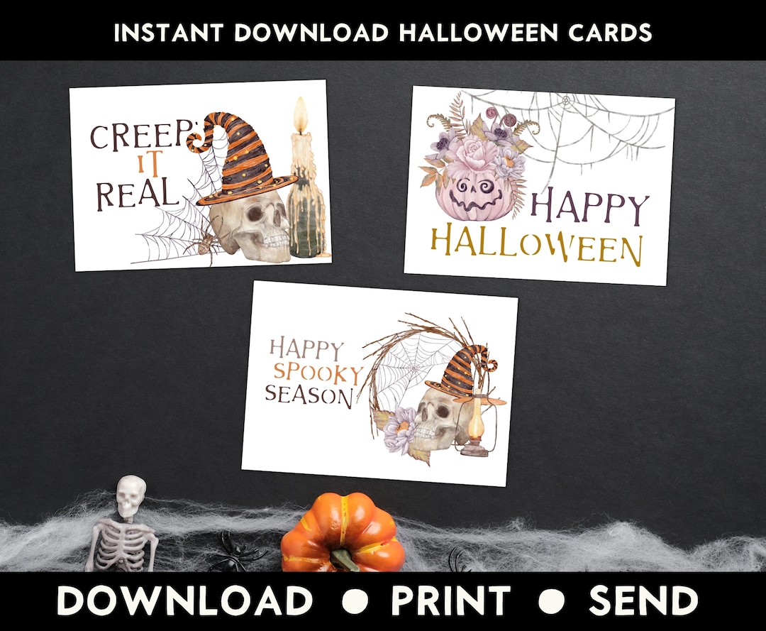 Set of THREE Printable Halloween Greeting Cards Instant Download 7x5 ...