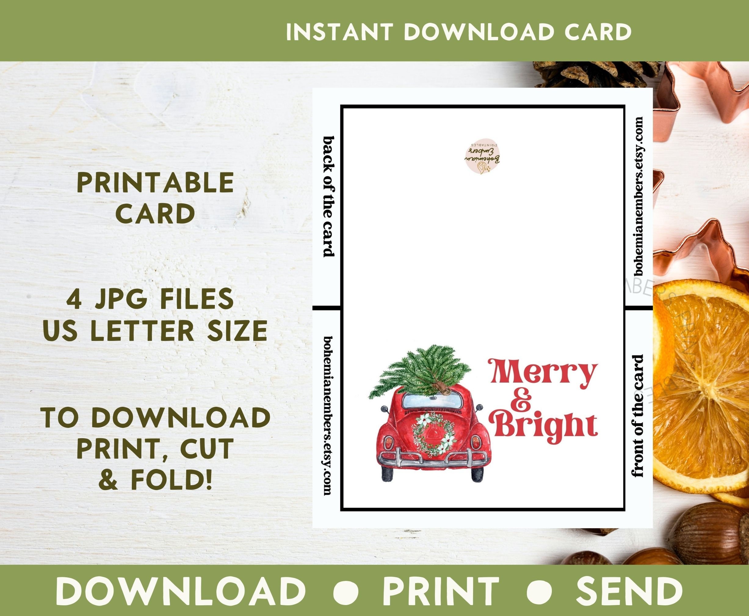 SET OF FOUR Printable Christmas 5x7 Greeting Cards, Cute Vintage Cars ...