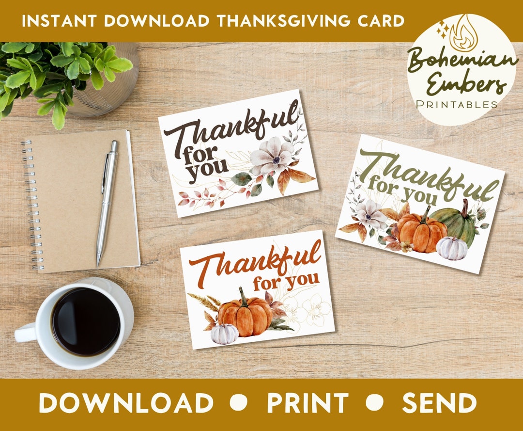Set of Three, Thanksgiving Card Printable Instant Download 7x5 Inch ...