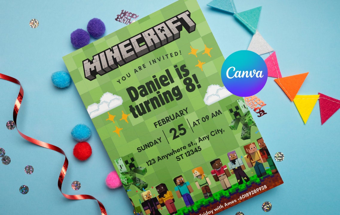 Editable Minecraft Birthday Invitation, Minecrafter Birthday ...