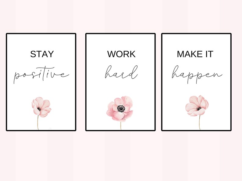 Inspirational Quote Prints (set of 3) Pink Floral Office Decor (digital ...