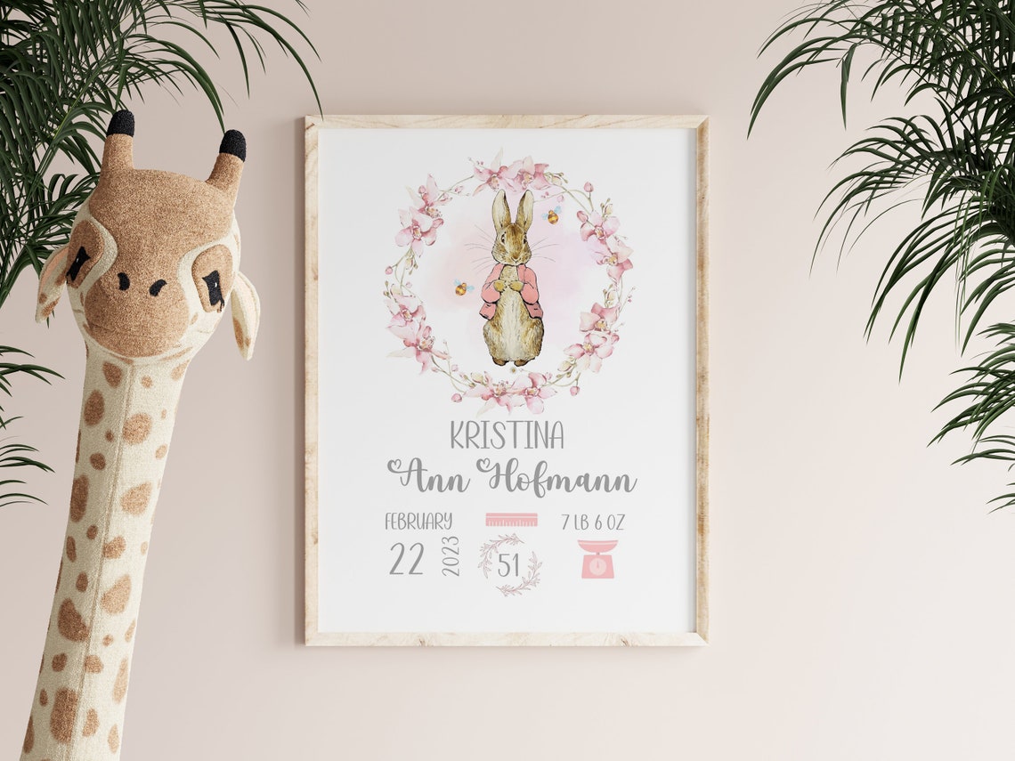 Peter Rabbit Baby Girl Birth Announcement Nursery Print Birth Details ...
