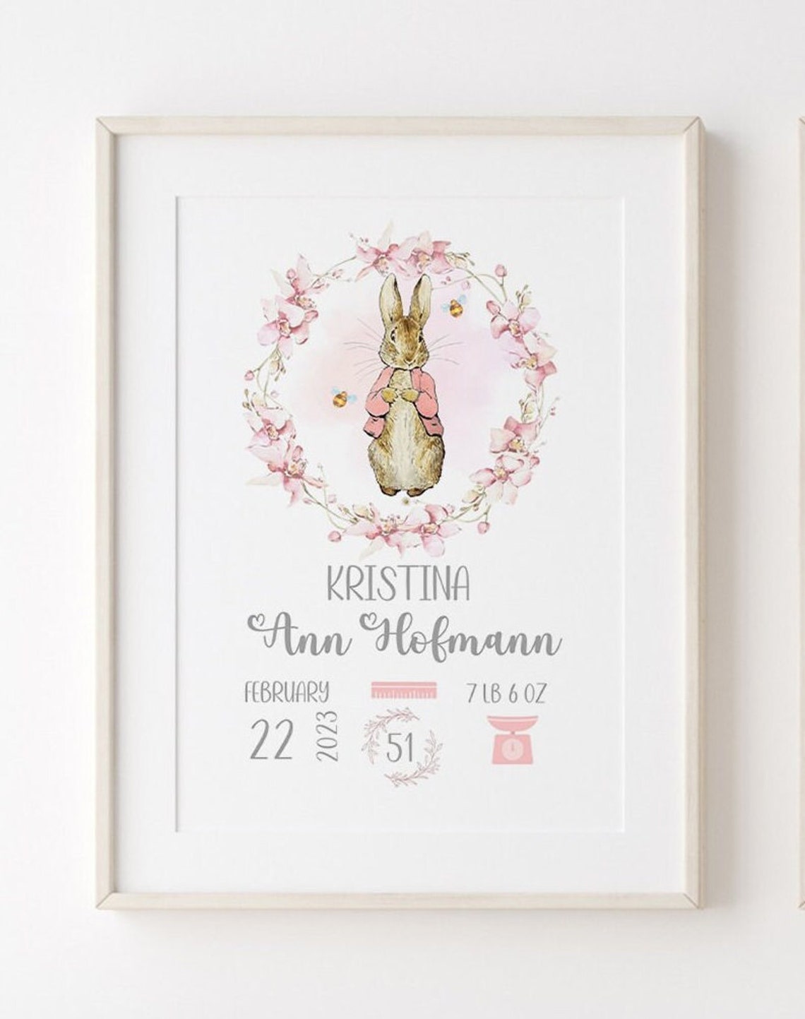 Peter Rabbit Baby Girl Birth Announcement Nursery Print Birth Details ...