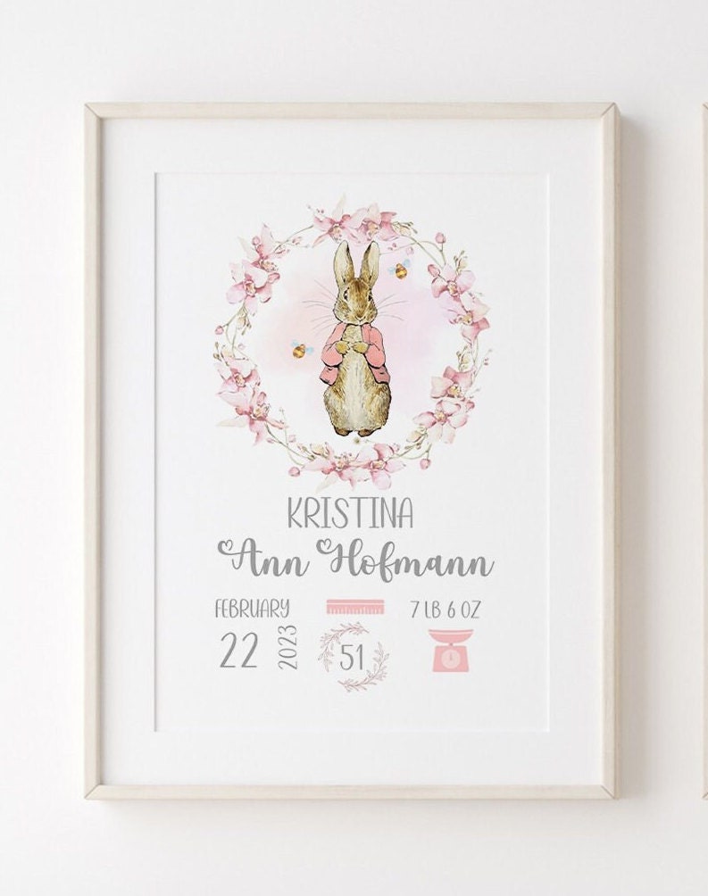 Peter Rabbit Baby Girl Birth Announcement Nursery Print Birth Details ...