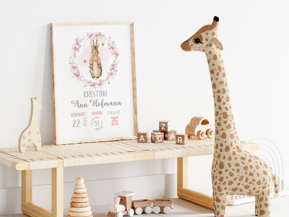 Peter Rabbit Baby Girl Birth Announcement Nursery Print Birth Details ...
