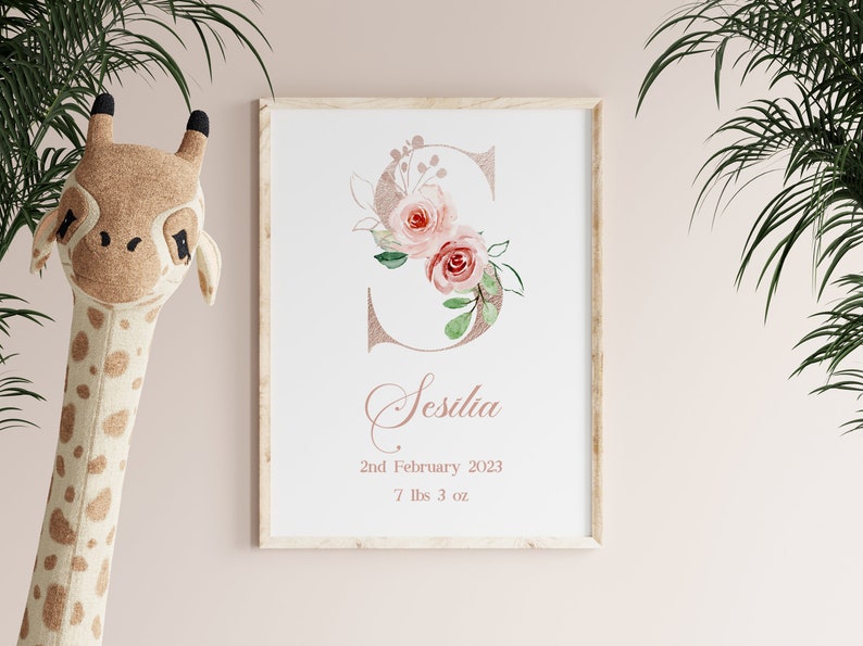 Floral Personalised Baby Name Print Pink Floral Prints Nursery Decor ...