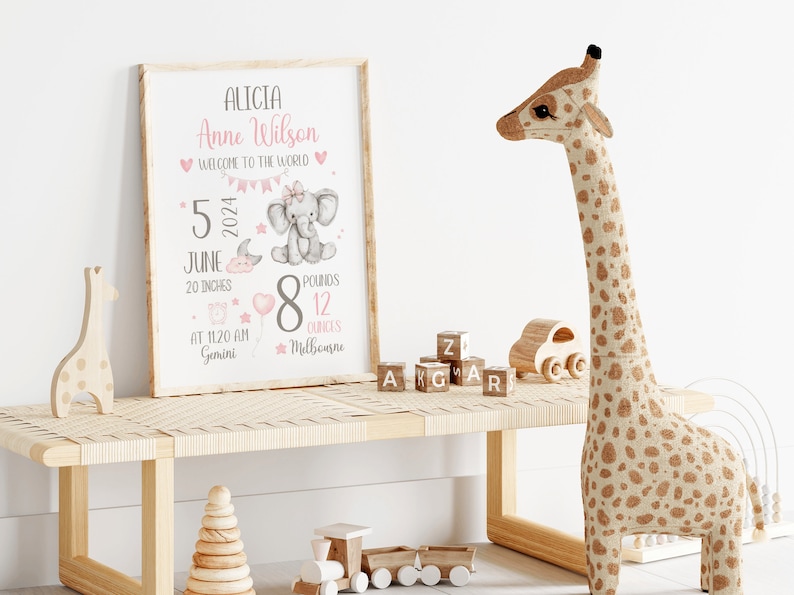 Baby Girl Printable Editable Cute Elephant Birth Stat Sign Birth ...