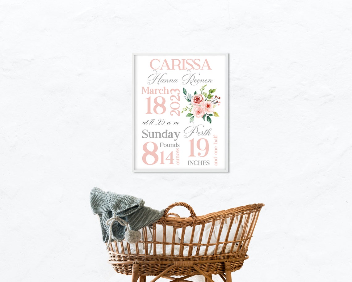 Floral Baby Birth Stats Birth Details Print Nursery Decor Birth ...