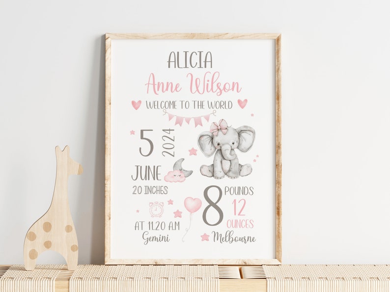 Baby Girl Printable Editable Cute Elephant Birth Stat Sign Birth ...