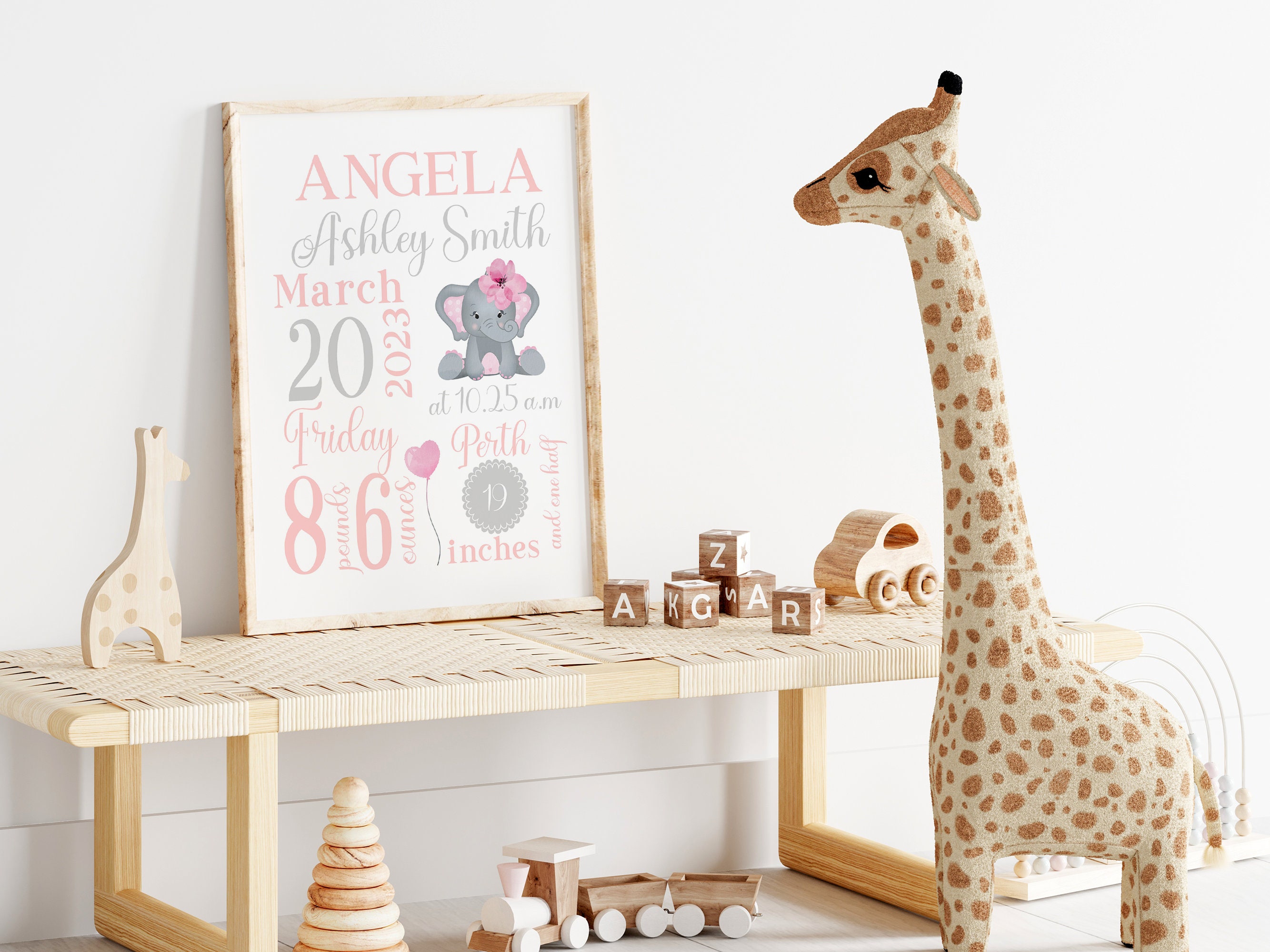 Elephant Birth Stat Print, Baby Girl Nursery Decor (digital Download ...