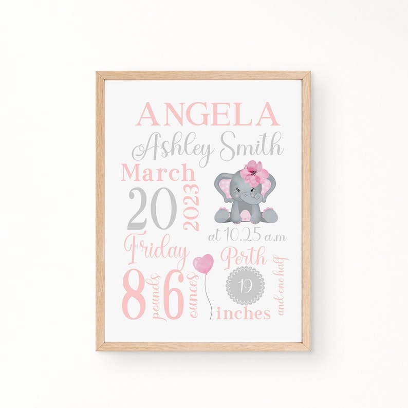 Elephant Birth Stat Print, Baby Girl Nursery Decor (digital Download ...