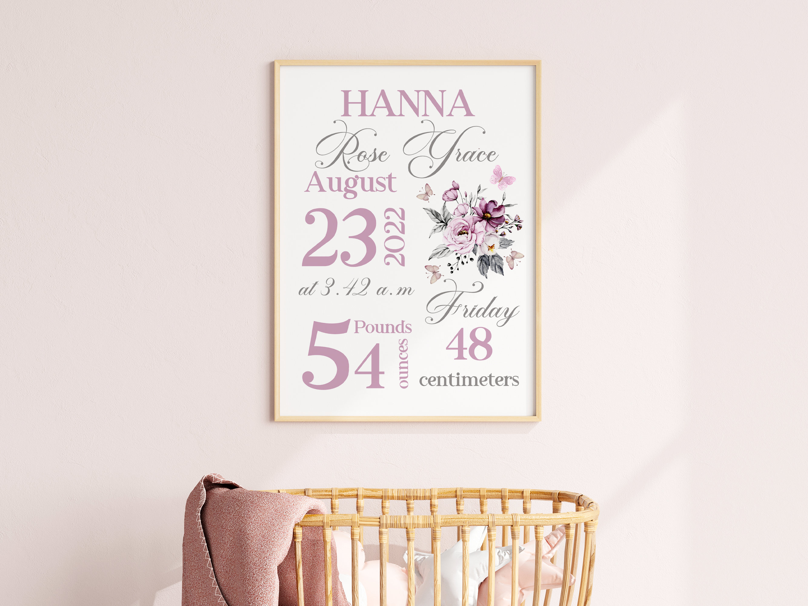 Purple Flowers Print Floral Baby Birth Stats Birth Details Print ...