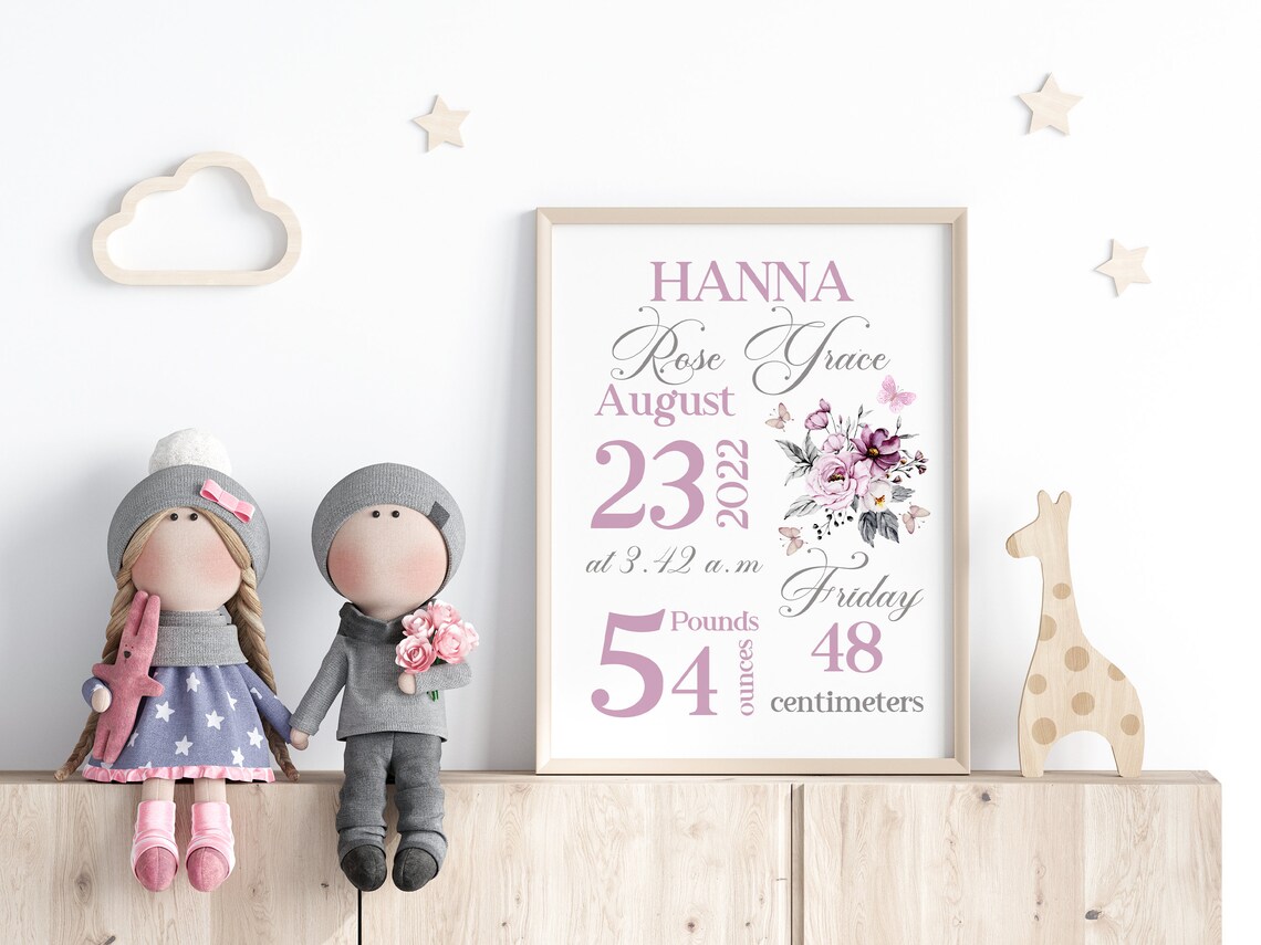 Purple Flowers Print Floral Baby Birth Stats Birth Details Print ...