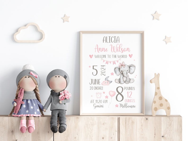 Baby Girl Printable Editable Cute Elephant Birth Stat Sign Birth ...