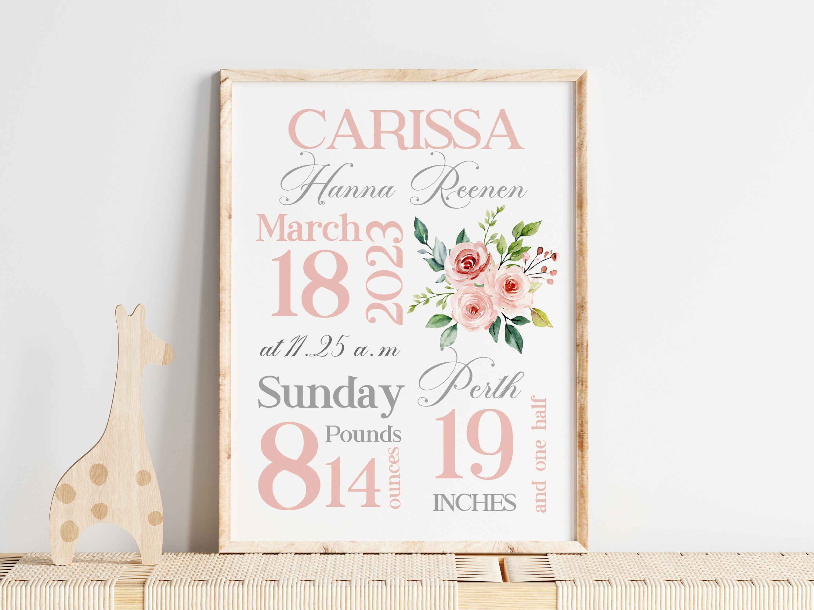 Floral Baby Birth Stats Birth Details Print Nursery Decor Birth ...