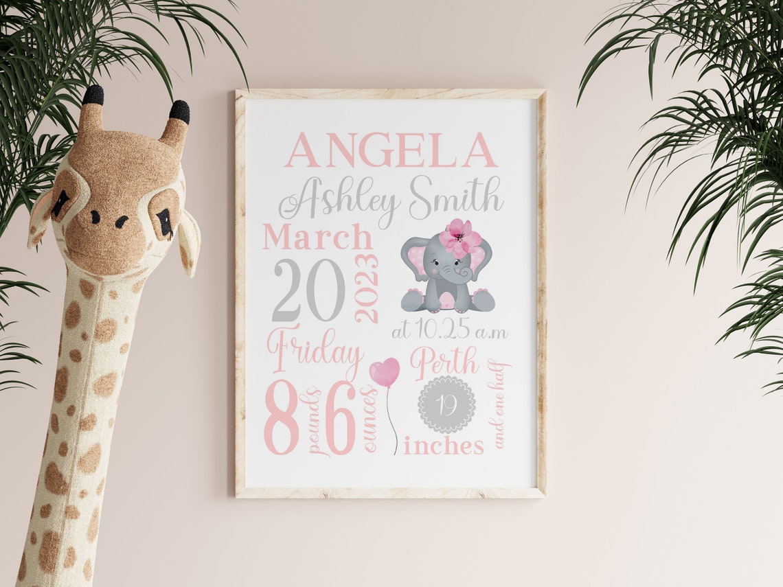 Elephant Birth Stat Print, Baby Girl Nursery Decor (digital Download ...