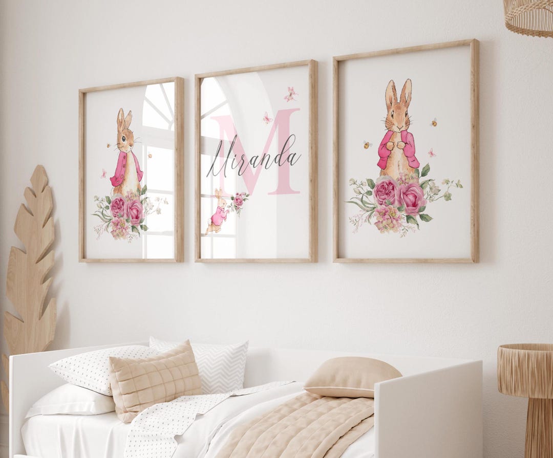 Pink Peter Rabbit Nursery Decor Girls Pink Room Prints Pink Rabbit Wall ...