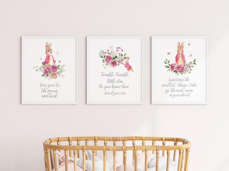 Set of 3 Pink Peter Rabbit Prints Pink Baby Girl Nursery Girls Room ...