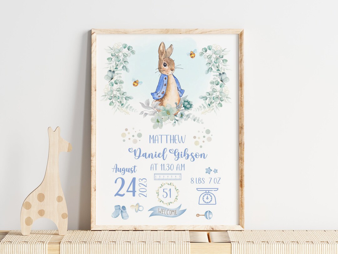 Peter Rabbit Baby Birth Announcement Nursery Print Birth Details Custom ...