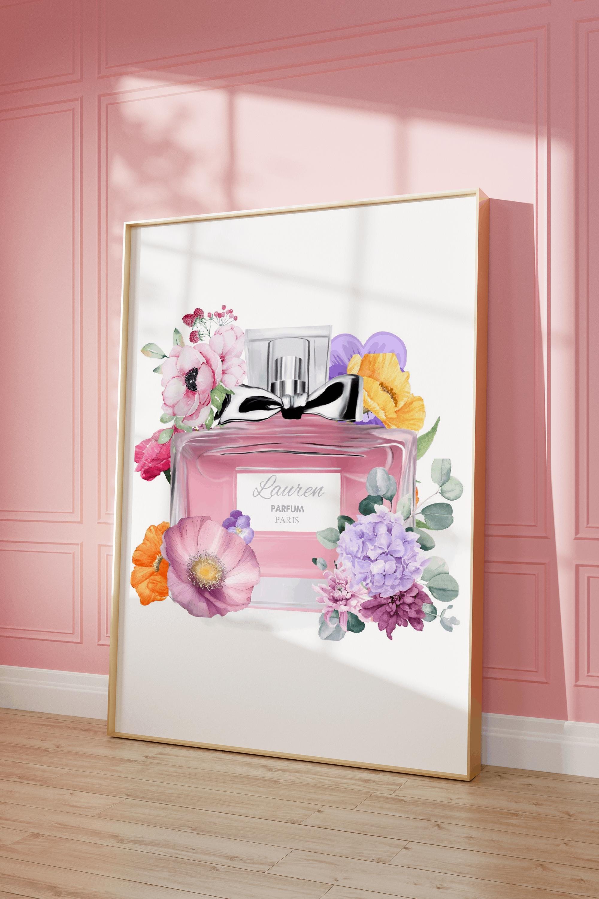 Personalized Perfume Bottle Print, Pink Floral Fashion Wall Art ...