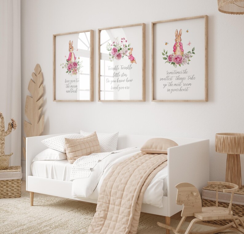 Set of 3 Pink Peter Rabbit Prints Pink Baby Girl Nursery Girls Room ...