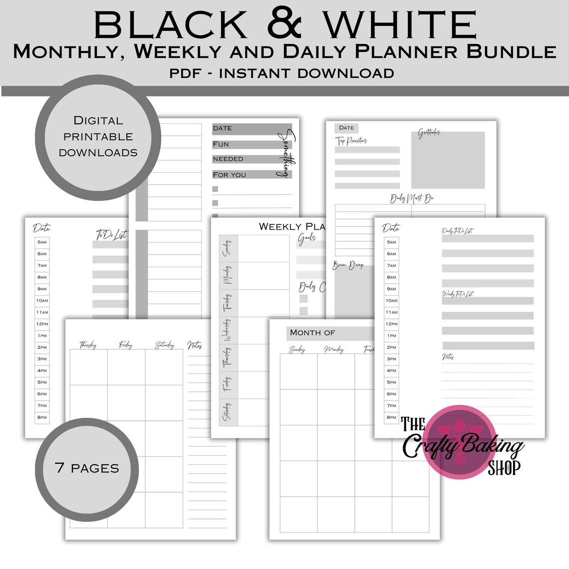 Digital Download Planner, Black and White Daily Weekly Monthly Planners ...