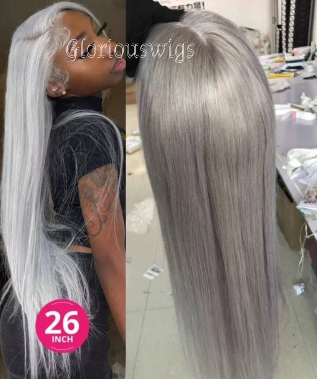 100% Human Hair Silver Grey Straight Glueless Lace Front Wig, Brazilian ...