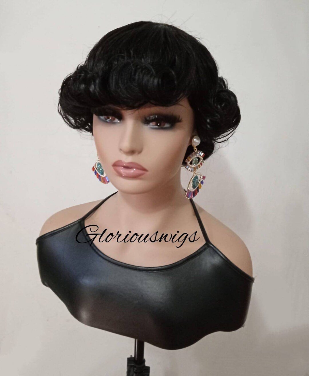 Custom Made 90s Wavy Short Wig With Bangs No Lace Wig Handmade Human ...