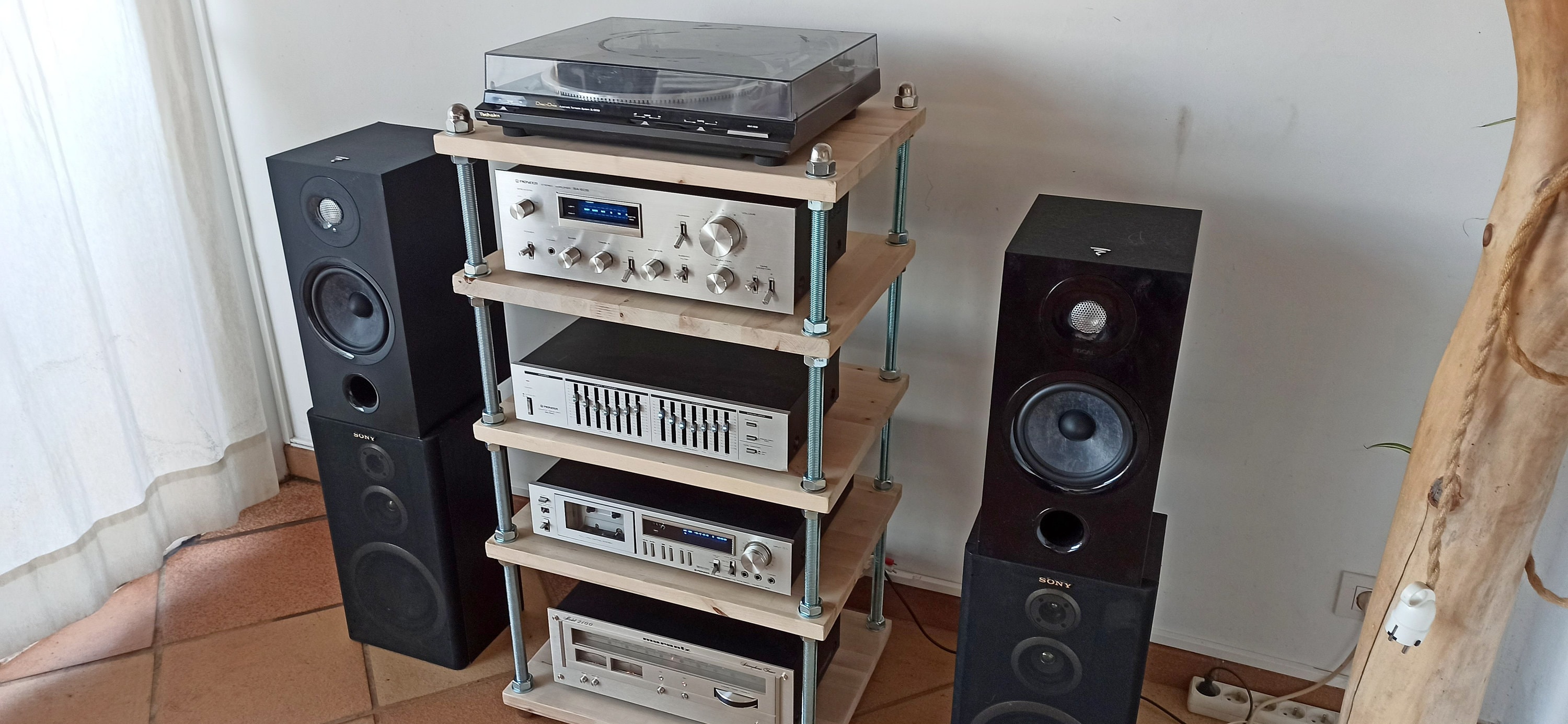 Meuble hifi bois massif, audio rack stand industrial, support ...