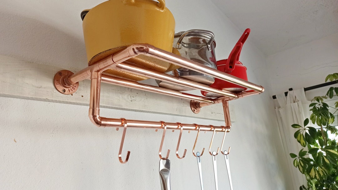 Copper Kitchen Shelf With Utensil Holder, 5 Copper Hooks Included ...