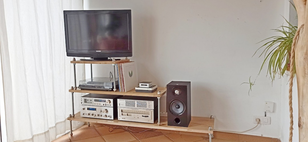 Modular Hifi Tv Stand in Solid Wood and Threaded Rods, Adjustable Tv ...
