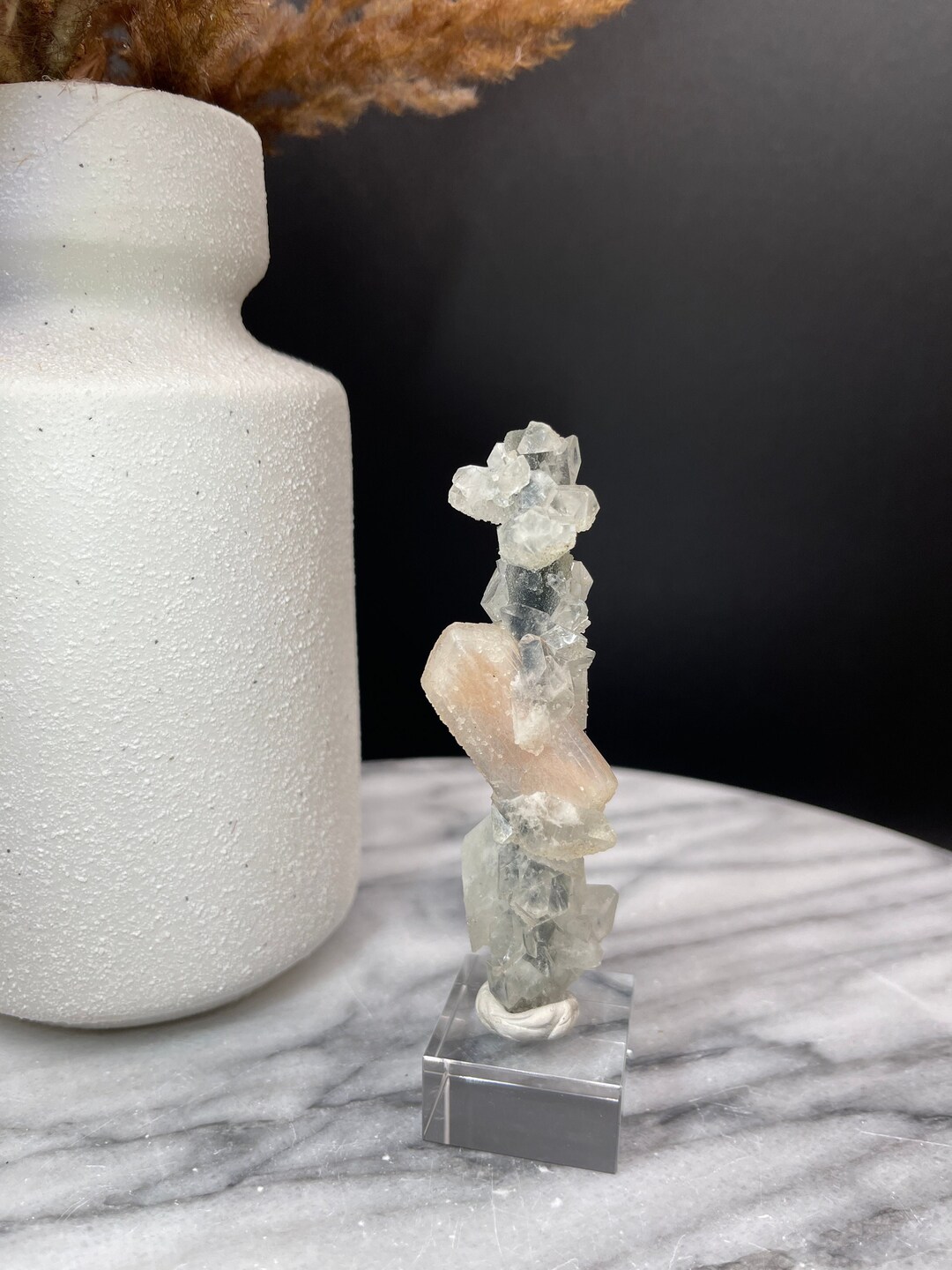 Peachy Pink Stilbite Bowtie With Apophyllite on Black Chalcedony ...