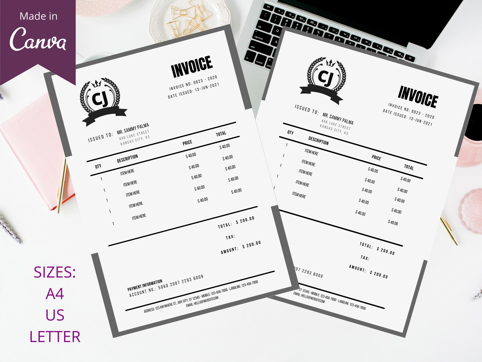 CANVA Invoice Template Minimal Template Printable A4 or US | Etsy