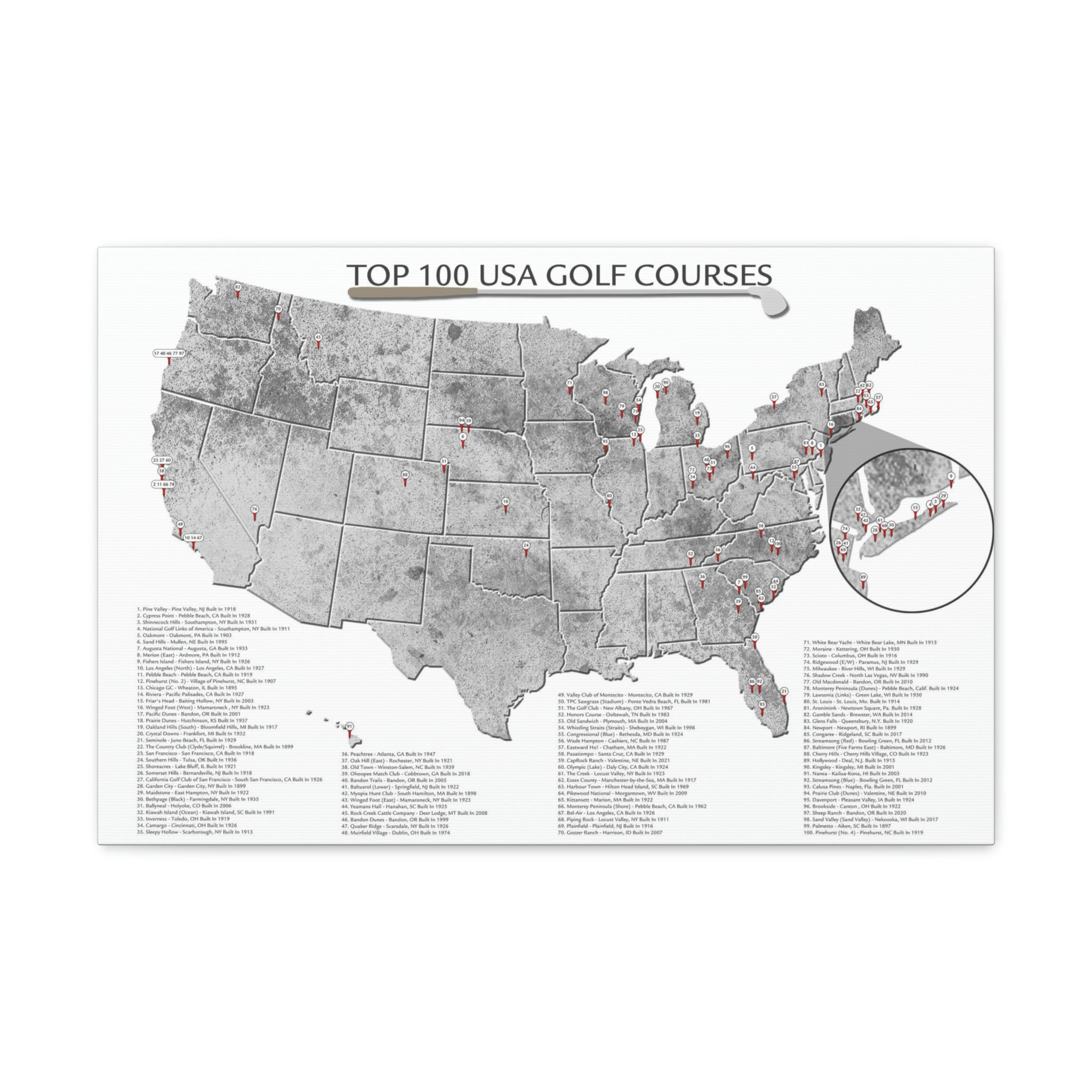 Top 100 Golf Course USA Map, Great Golf Gift, Gift for Dad, Husband ...