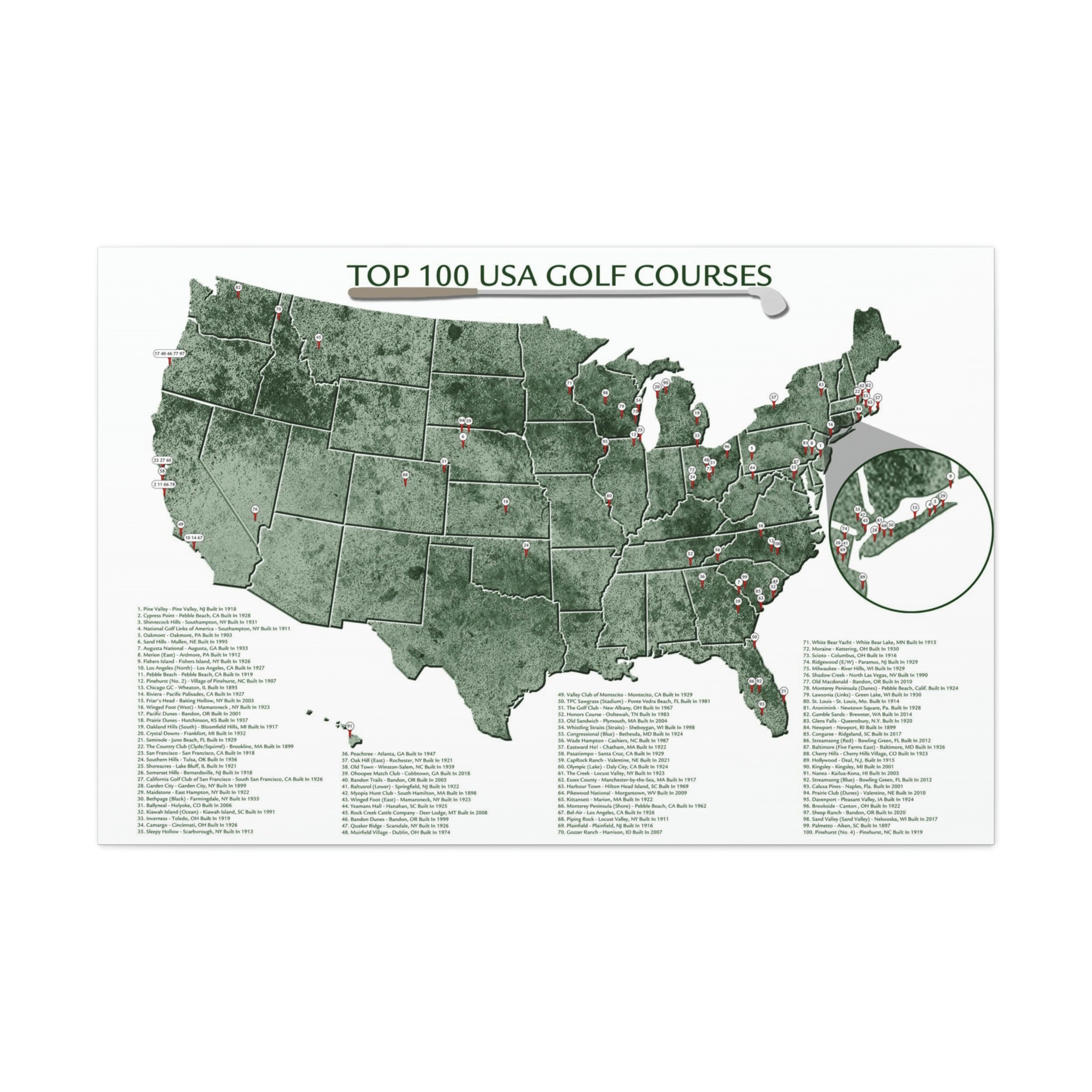 Top 100 Golf Course USA Map, Great Golf Gift, Gift for Dad, Husband ...