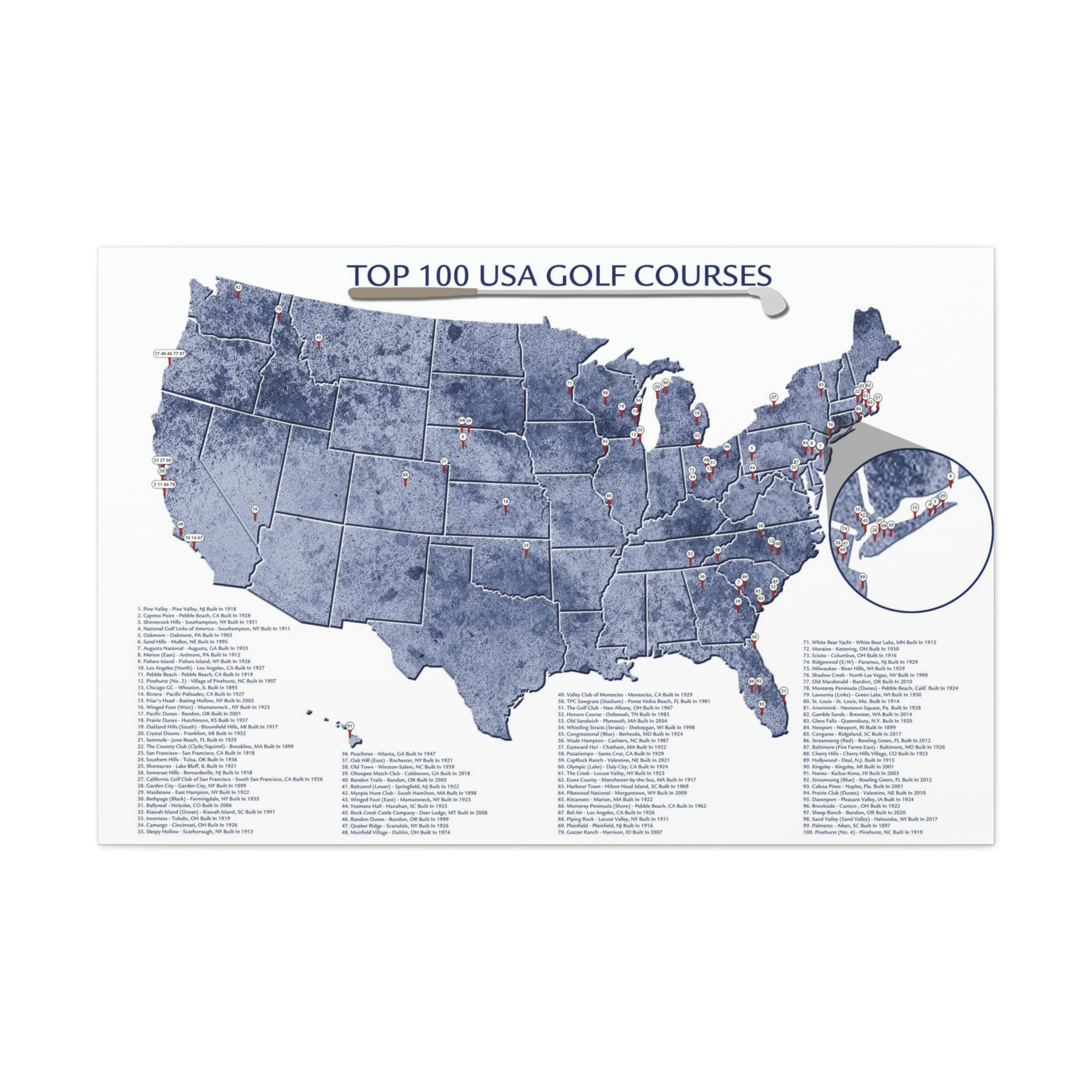 Top 100 Golf Course USA Map, Great Golf Gift, Gift for Dad, Husband ...