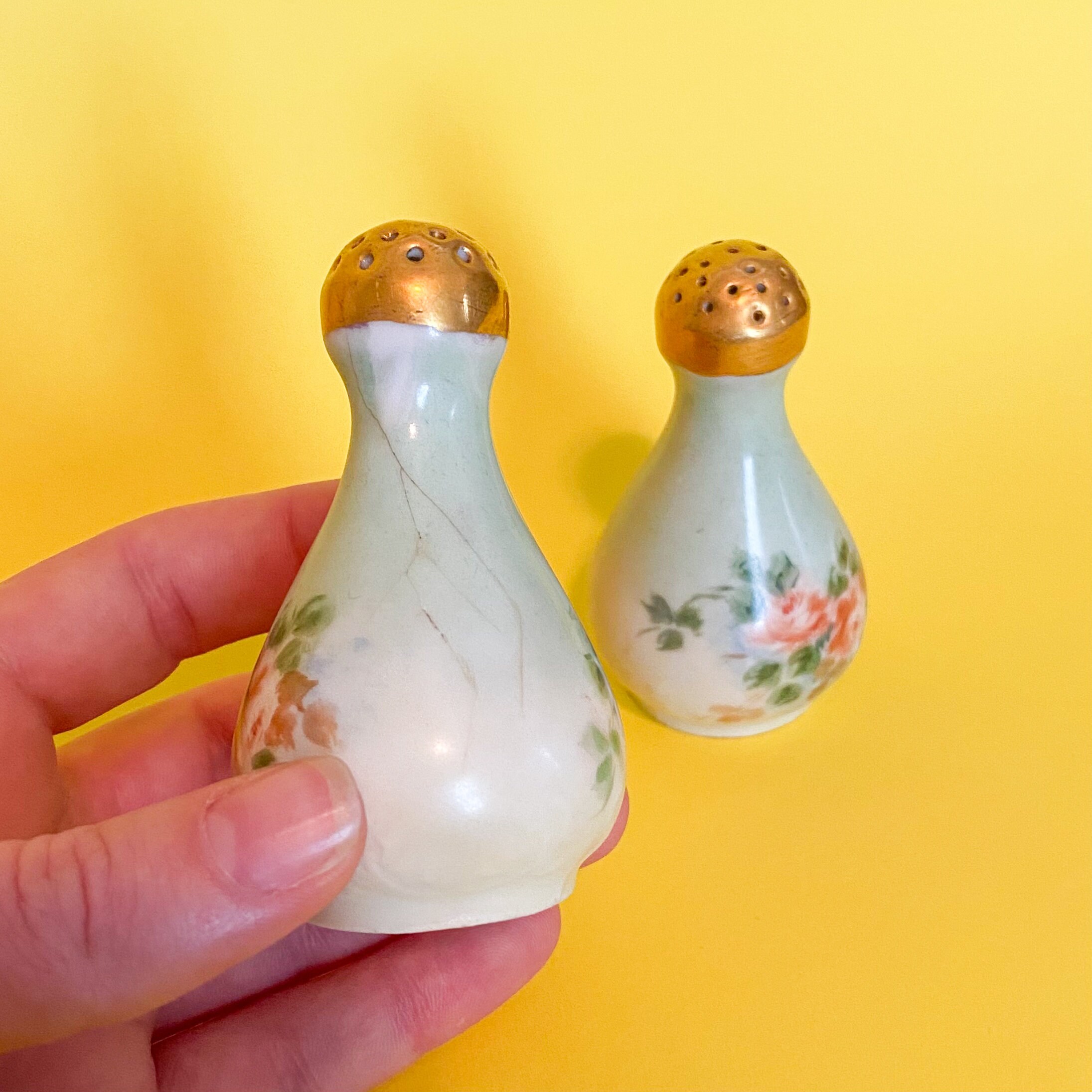 White Floral and Gold Leaf Salt & Pepper Shakers - Vintage - Etsy