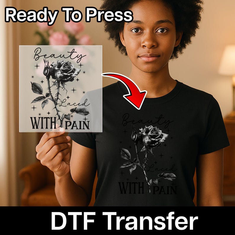 Beauty Rose With Pain DTF Transfer, Gothic Floral Iron-on Heat Transfer ...