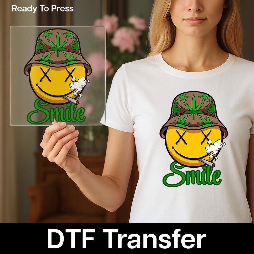Funny Weed DTF Transfer for T-shirts – Smile Face Smoking Design, 420 ...
