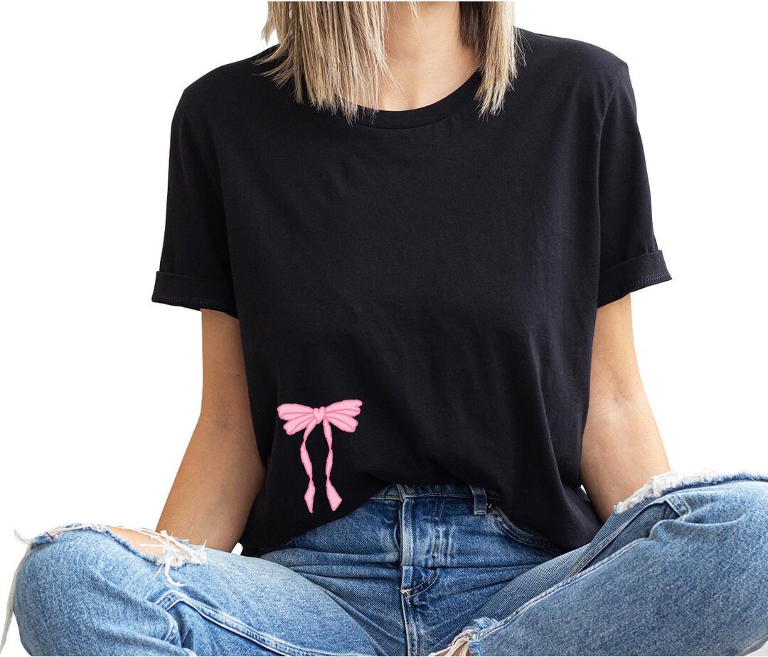 Pink Bow Trendy Shirt, Ribbon Bow Pullover Shirt, Cute Little Bow Shirt ...