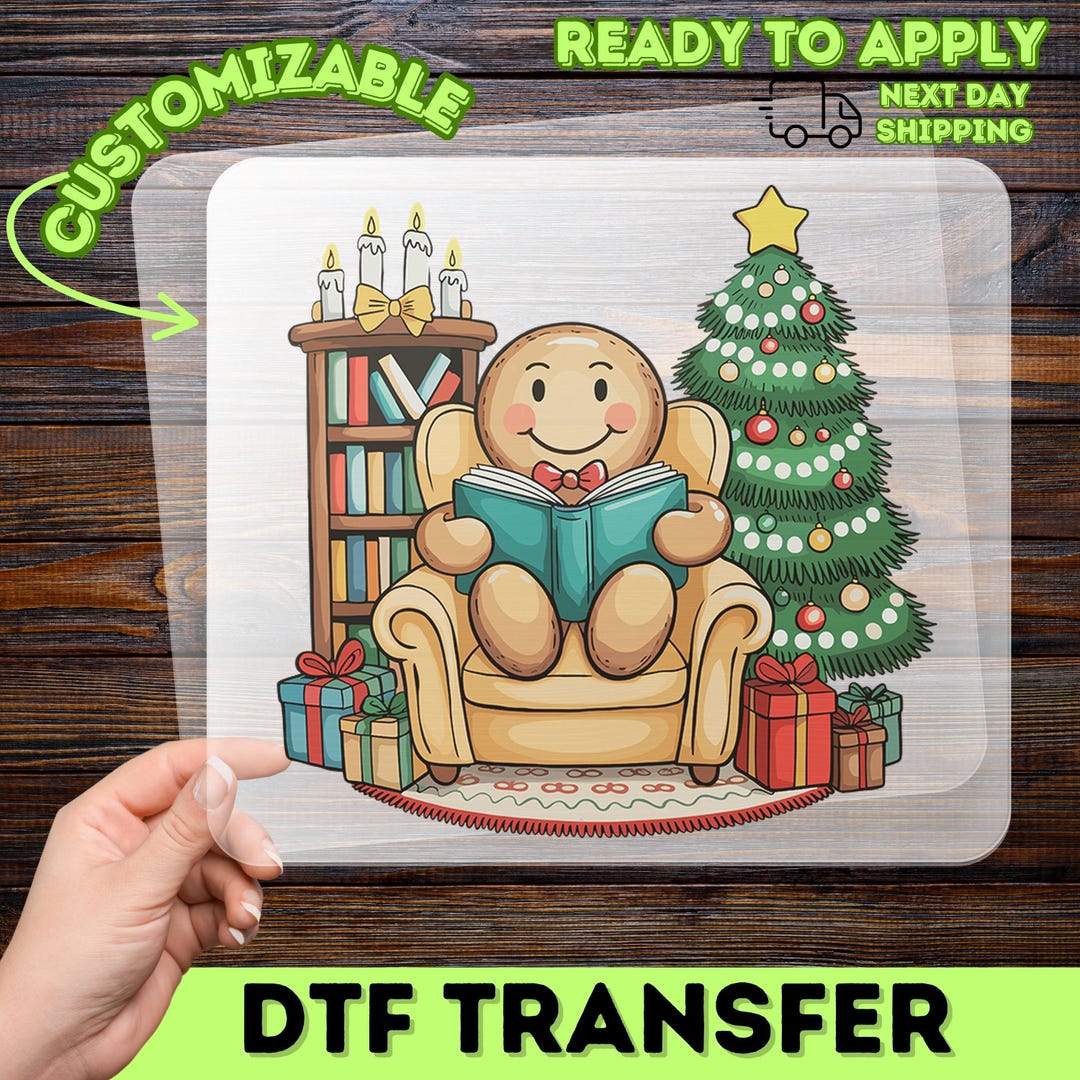 Gingerbread Reading Christmas DTF Transfer, Holiday Book Lover Iron-on ...