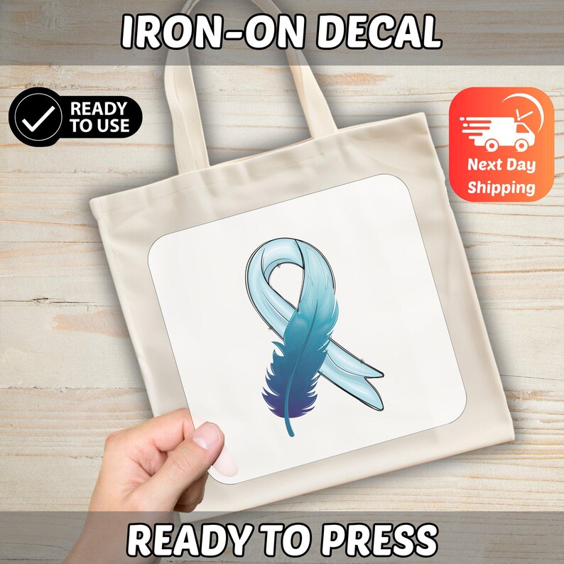 Blue Ribbon Feather Awareness DTF Transfer, Men's Health Support Iron ...