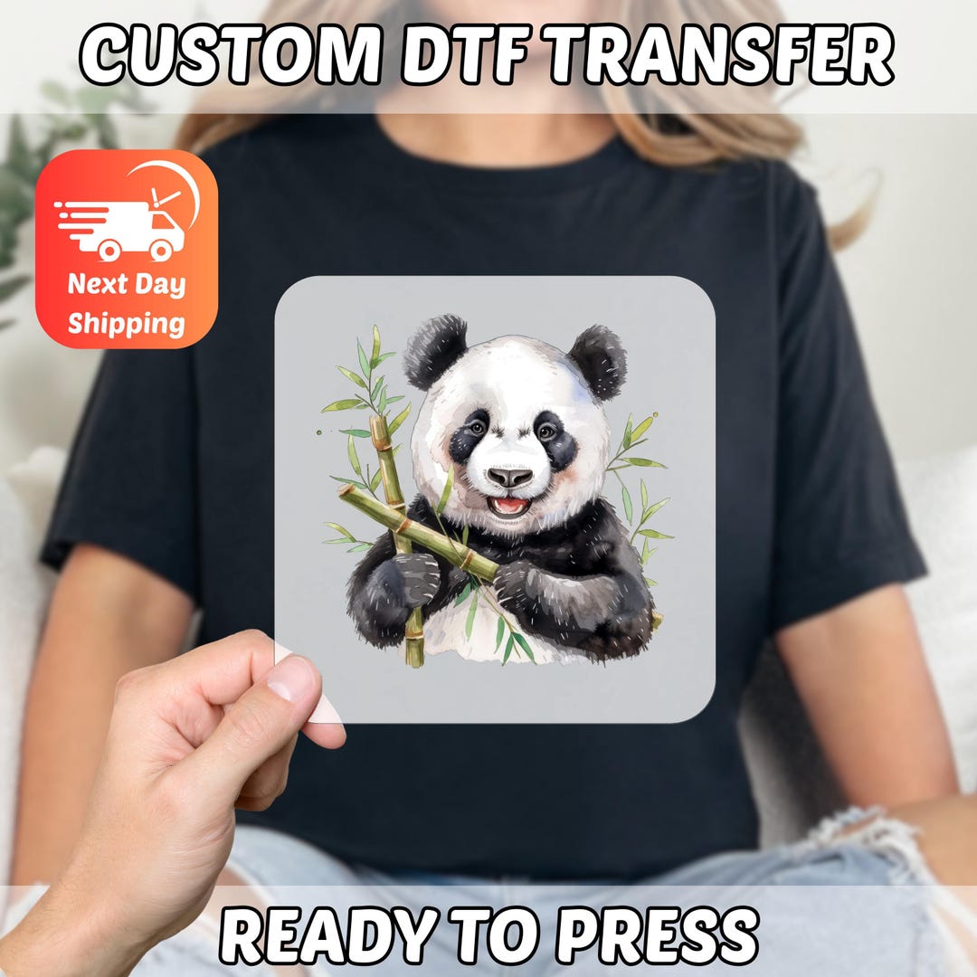 Cute Panda Holding Bamboo DTF Transfer | Ready to Press Watercolor ...