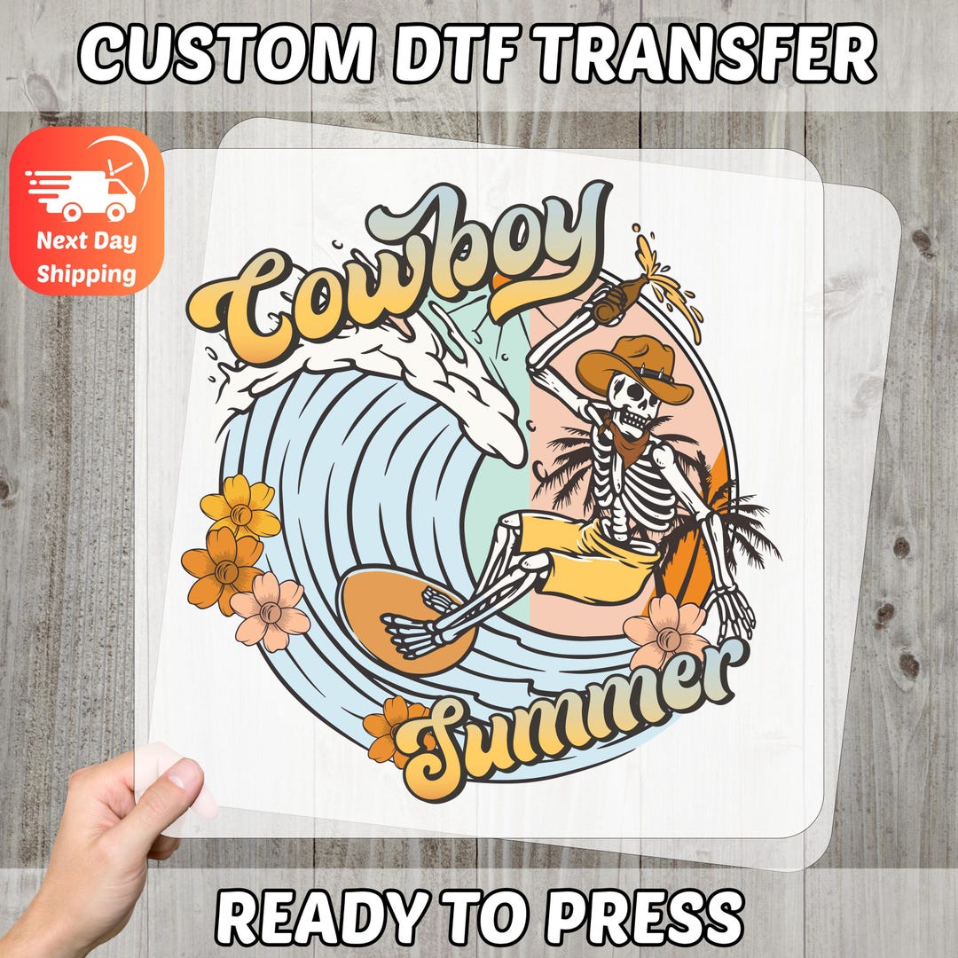 Cowboy Summer Skeleton Surfing Retro DTF Transfer for Funny Beach Party ...