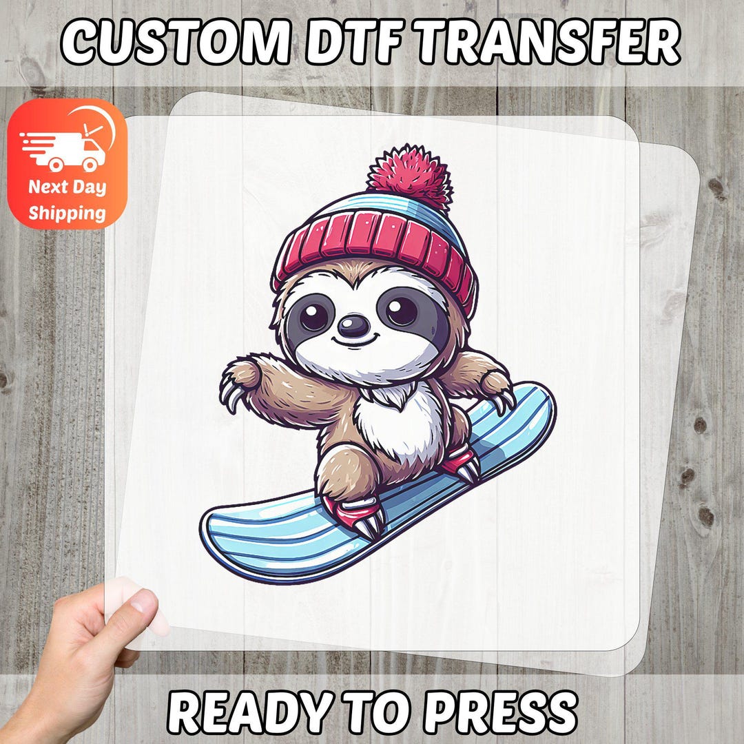 Cute Sloth Snowboard Iron-on Decal, Winter Sport Humor DTF Transfer for ...